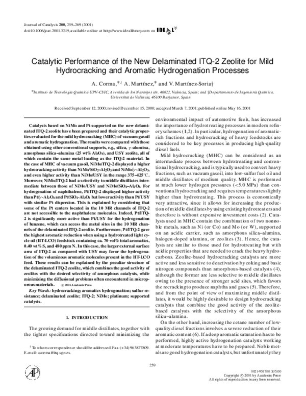 (PDF) Catalytic Performance of the New Delaminated ITQ-2 Zeolite for Mild Hydrocracking and ...