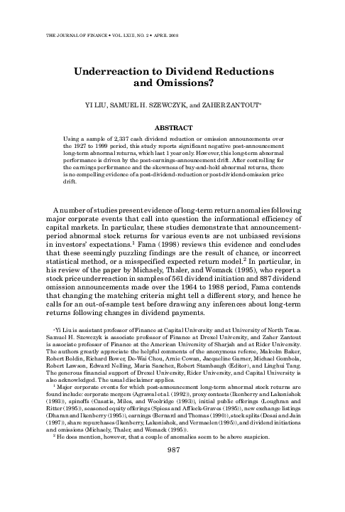 (PDF) Underreaction to Dividend Reductions and Omissions?