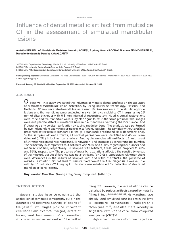 (PDF) Influence of dental metallic artifact from multislice CT in the ...