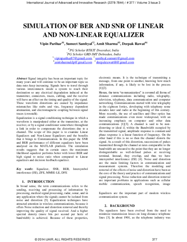 Pdf Simulation Of Ber And Snr Of Linear And Non Linear Equalizer