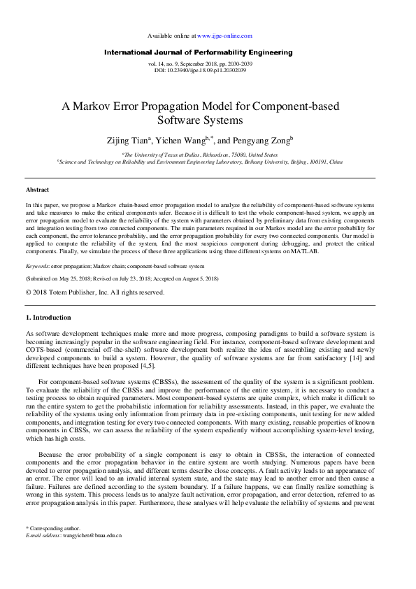 Pdf A Markov Error Propagation Model For Component Based Software Systems