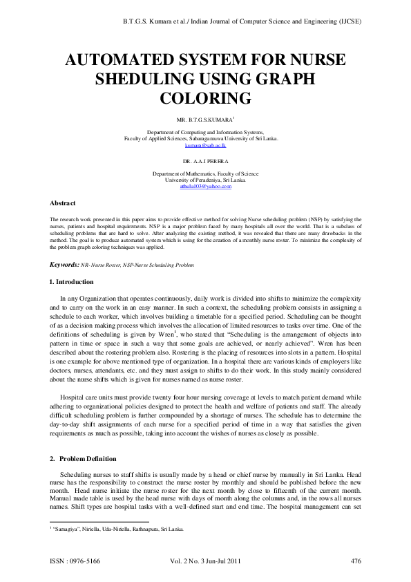 (PDF) Automated System for Nurse Sheduling Using Graph Coloring