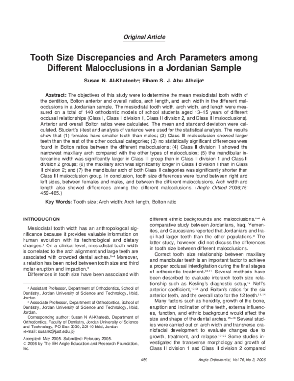 (PDF) Tooth size discrepancies and arch parameters among different ...
