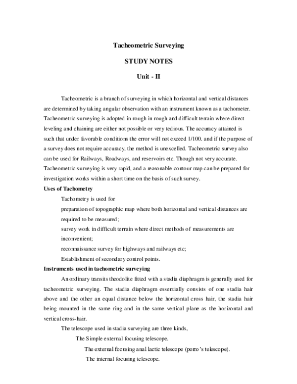 (PDF) Tacheometric Surveying STUDY NOTES