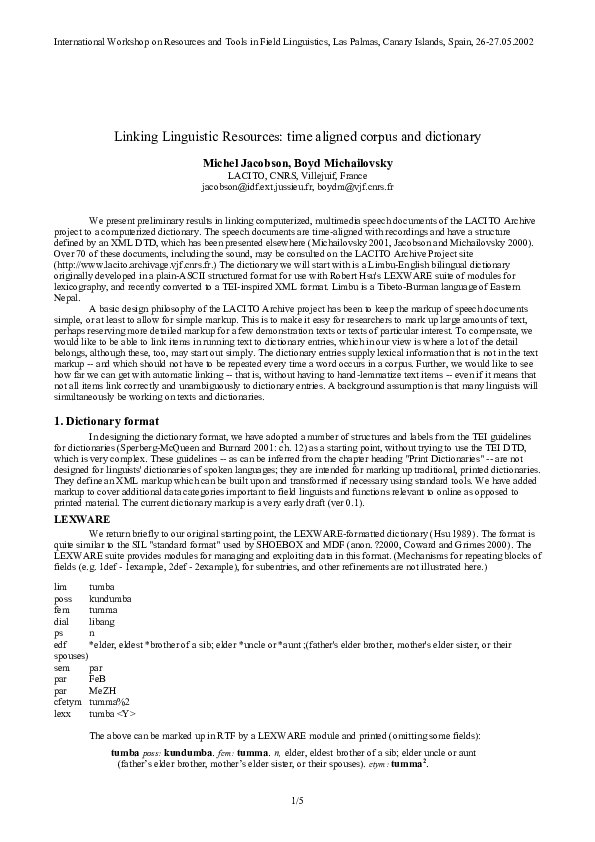 (PDF) Linking Linguistic Resources: time aligned corpus and dictionary