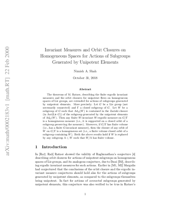 (PDF) Invariant Measures and Orbit Closures on Homogeneous Spaces for Actions of Subgroups ...