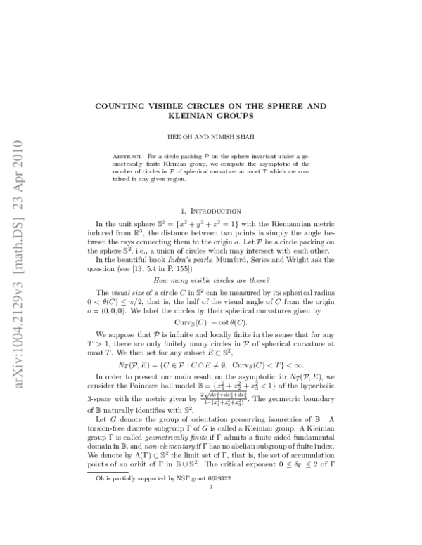 (PDF) Counting visible circles on the sphere and Kleinian groups