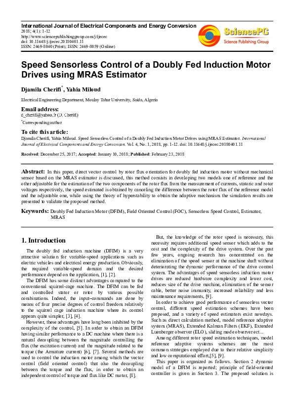 Pdf Speed Sensorless Control Of A Doubly Fed Induction Motor Drives Using Mras Estimator