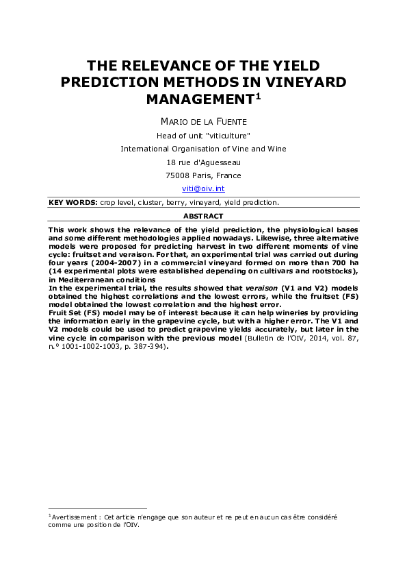 (PDF) The Relevance of the Yield Prediction Methods in Vineyard Management