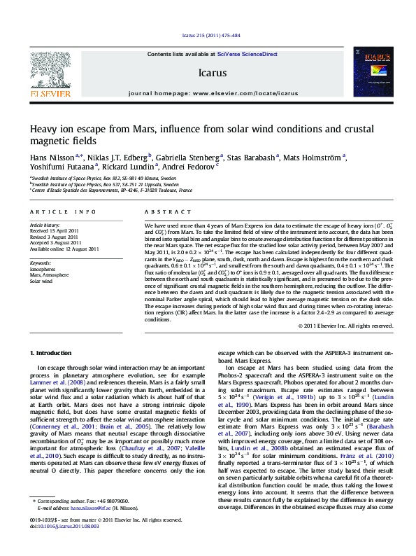 (PDF) Heavy ion escape from Mars, influence from solar wind conditions ...