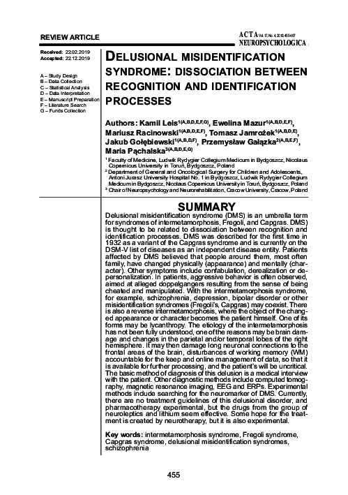 Delusional Misidentification Syndrome: Dissociation Between Recognition ...