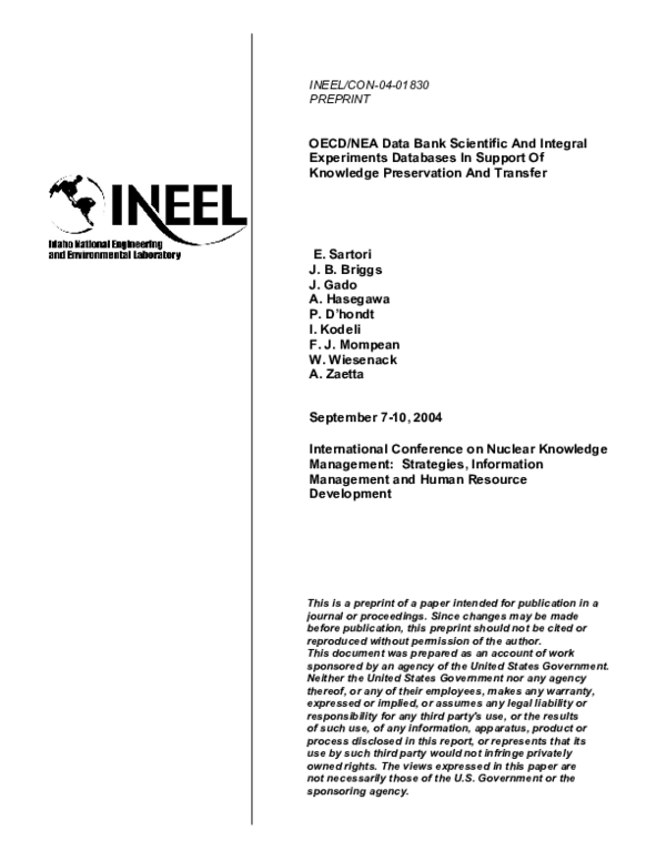 (PDF) OECD/NEA Data Bank Scientific And Integral Experiments Databases In Support Of Knowledge ...