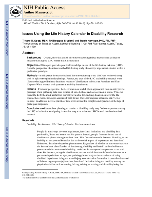 (PDF) Issues using the life history calendar in disability research