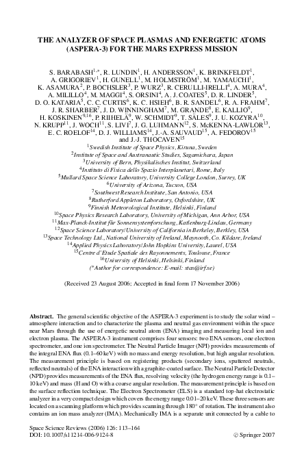 (PDF) The Analyzer of Space Plasmas and Energetic Atoms (ASPERA-3) for ...