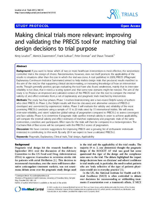(PDF) Making clinical trials more relevant: improving and validating the PRECIS tool for ...