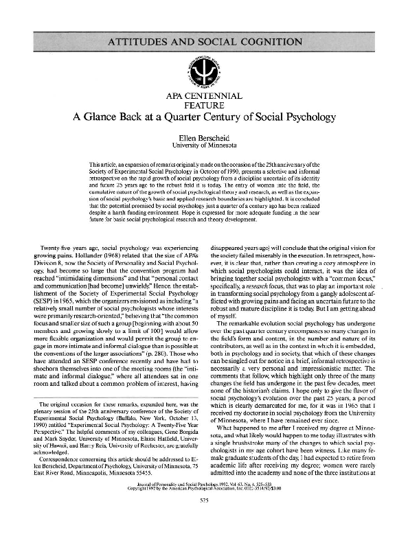 (PDF) A glance back at a quarter century of social psychology