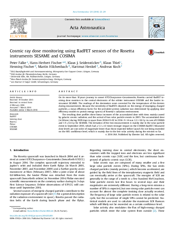 (PDF) Cosmic ray dose monitoring using RadFET sensors of the Rosetta ...