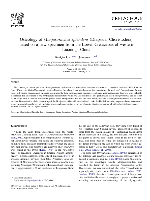 (PDF) Osteology of Monjurosuchus splendens (Diapsida: Choristodera ...