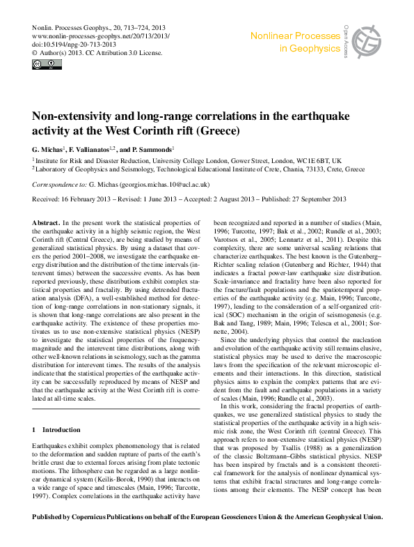 (PDF) Non-extensivity and long-range correlations in the earthquake ...