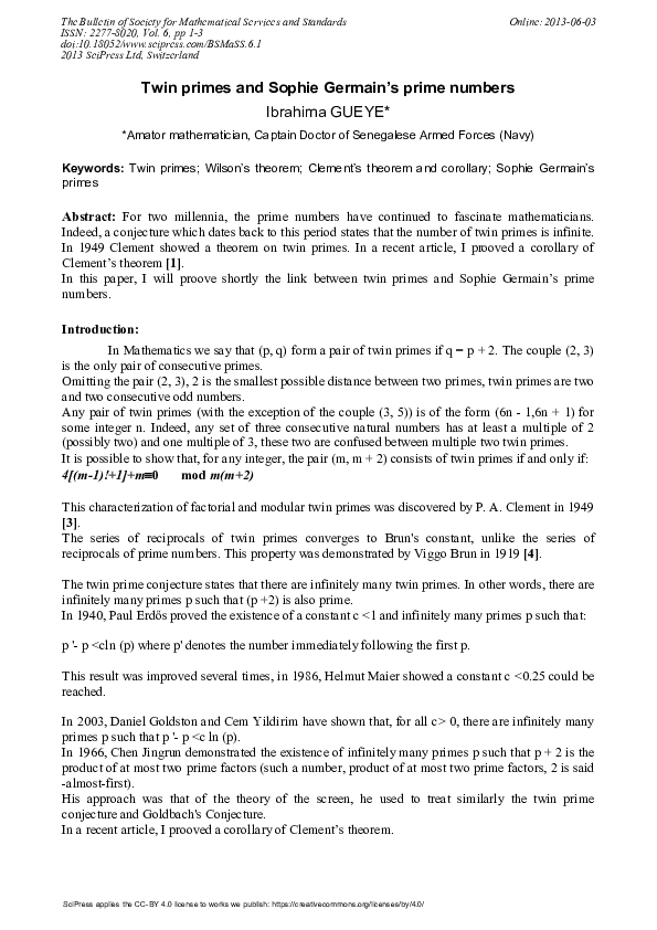 (PDF) Twin Primes and Sophie Germain’s Prime Numbers