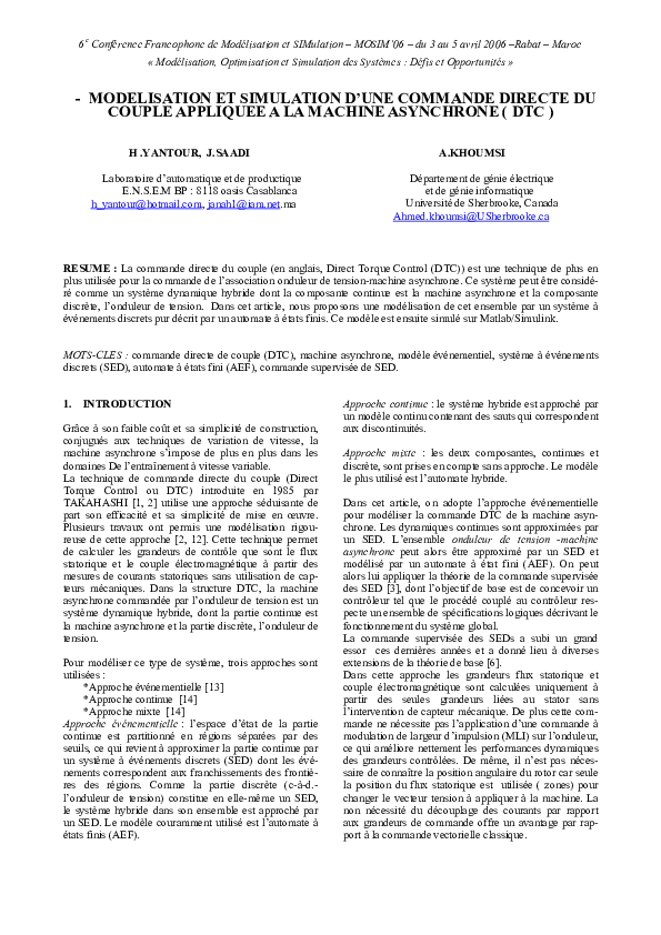 (PDF) Modelisation et Simulation D’Une Commande Directe Du Couple Appliquee a La Machine ...