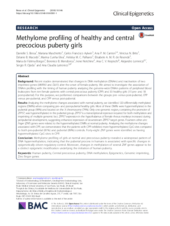 (PDF) Methylome profiling of healthy and central precocious puberty girls