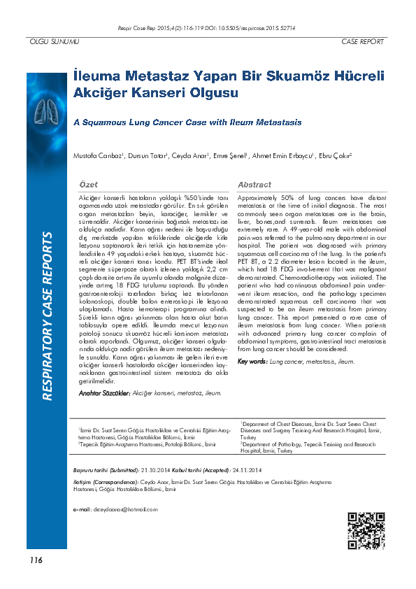 (PDF) A Squamous Lung Cancer Case with Ileum Metastasis