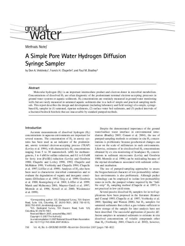 (PDF) A Simple Pore Water Hydrogen Diffusion Syringe Sampler
