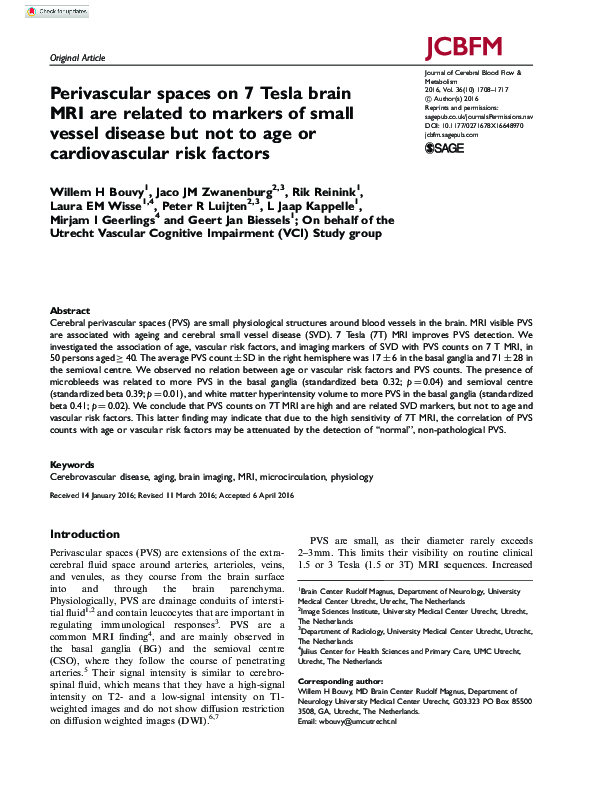 (PDF) Perivascular spaces on 7 Tesla brain MRI are related to markers ...