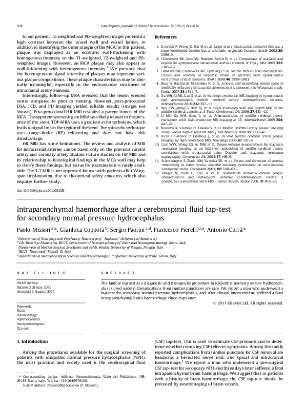 (PDF) Intraparenchymal haemorrhage after a cerebrospinal fluid tap-test ...
