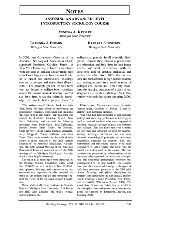 (PDF) Assessing an Advanced Level Introductory Sociology Course