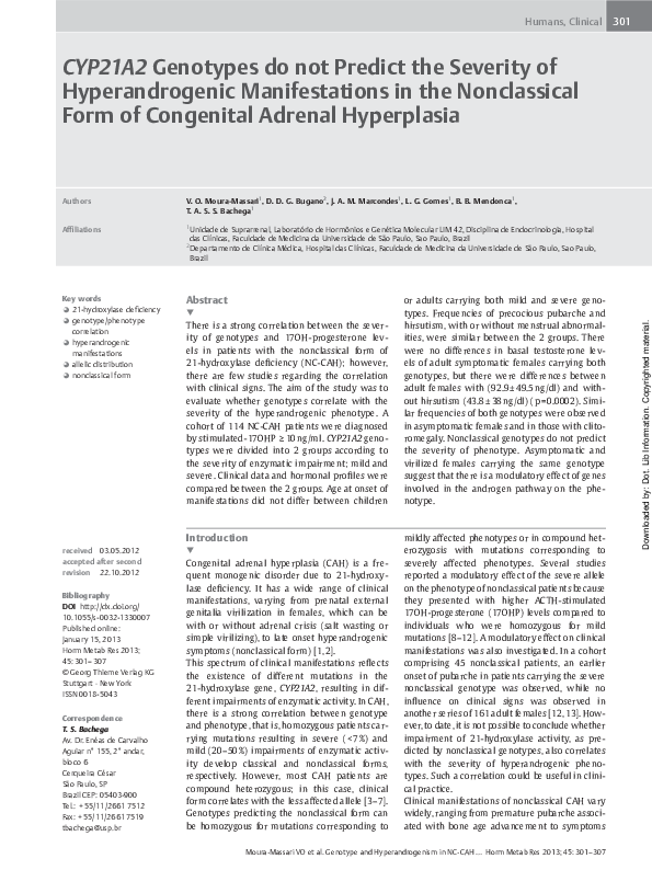 (PDF) CYP21A2 Genotypes do not Predict the Severity of Hyperandrogenic ...