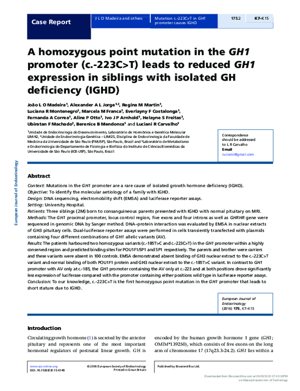 (PDF) A homozygous point mutation in the GH1 promoter (c.-223C>T) leads ...