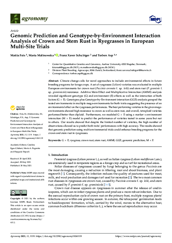 Pdf Genomic Prediction And Genotype By Environment Interaction Analysis Of Crown And Stem Rust
