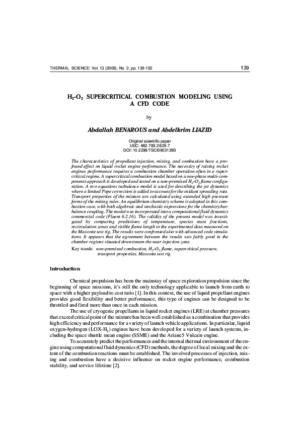 Pdf H2 O2 Supercritical Combustion Modeling Using A Cfd Code