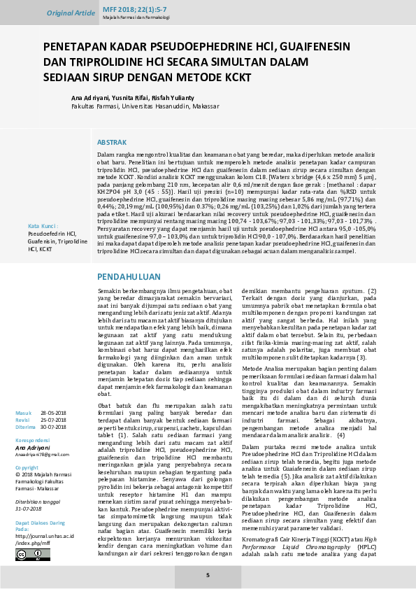 (PDF) PENETAPAN KADAR PSEUDOEPHEDRINE HCl, GUAIFENESIN DAN TRIPROLIDINE HCl SECARA SIMULTAN ...