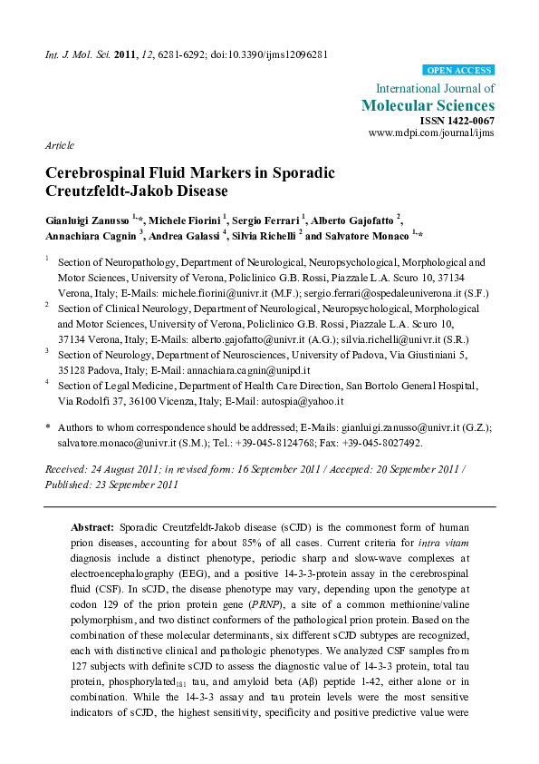 (PDF) Cerebrospinal fluid markers in sporadic creutzfeldt-jakob disease