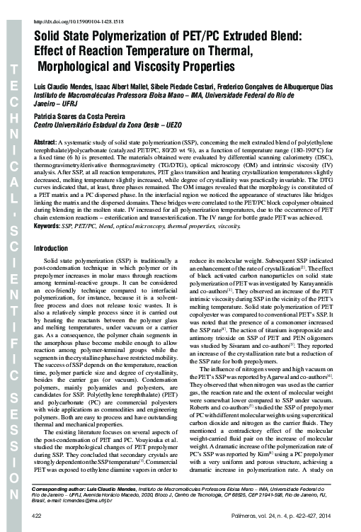 (PDF) Solid state polymerization of pet/pc extruded blend: effect of reaction temperature on ...