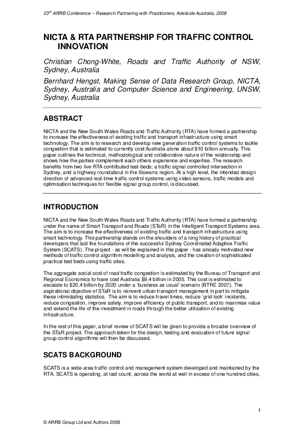 (PDF) Nicta & Rta Partnership for Traffic Control Innovation | Bernhard ...