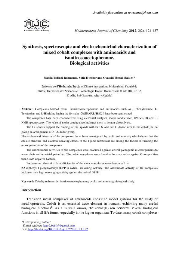 (PDF) Synthesis, spectroscopic and electrochemichal characterization of mixed cobalt complexes ...
