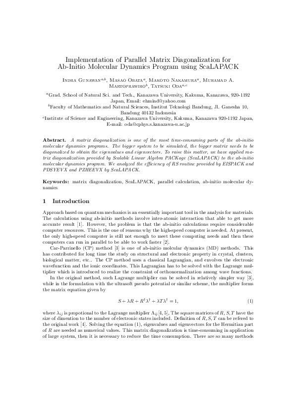 Pdf Implementation Of Parallel Matrix Diagonalization For Ab Initio