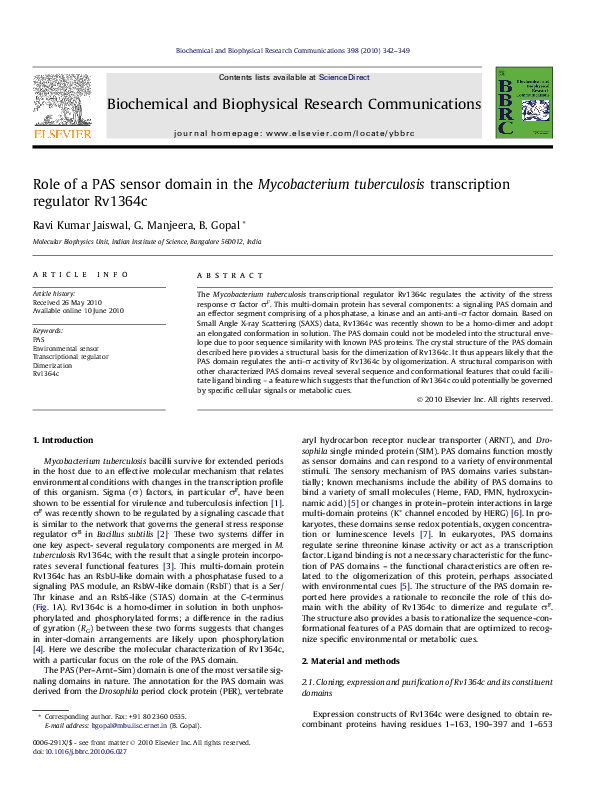(PDF) Role of a PAS sensor domain in the Mycobacterium tuberculosis ...
