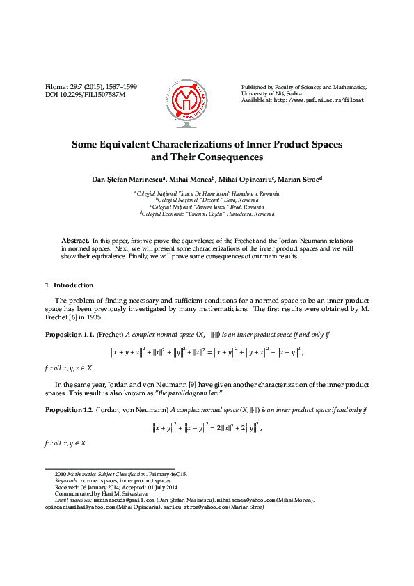 Pdf Some Equivalent Characterizations Of Inner Product Spaces And Their Consequences