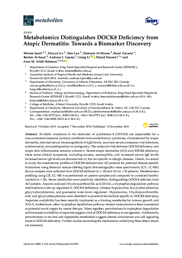 (PDF) Metabolomics Distinguishes DOCK8 Deficiency from Atopic ...