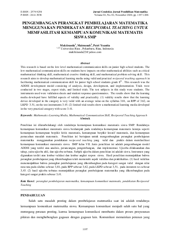 (PDF) Pengembangan Perangkat Pembelajaran Matematika Menggunakan Pendekatan Recipcoral Teaching ...