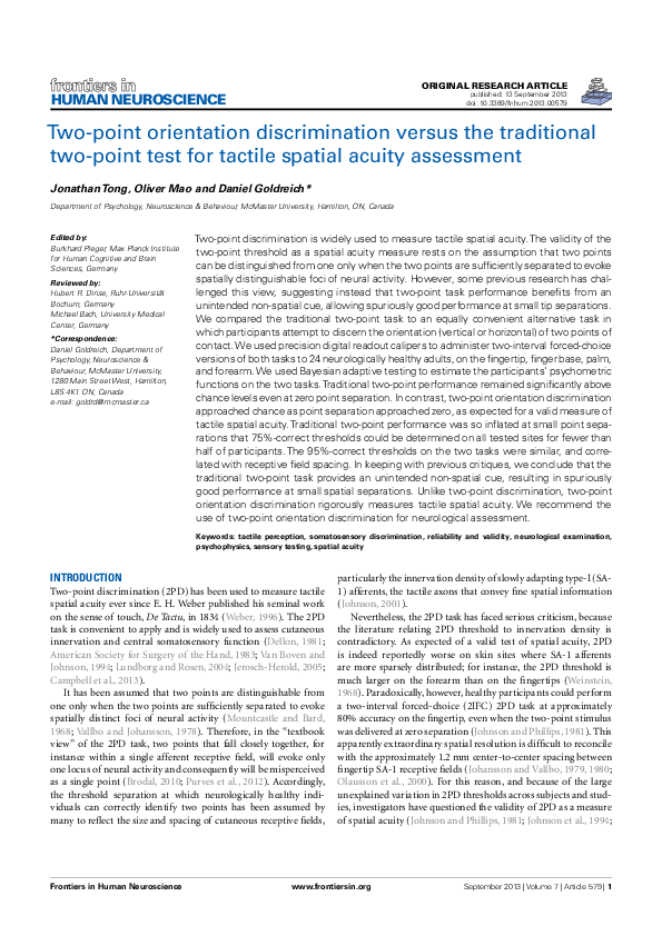 (PDF) Two-point orientation discrimination versus the traditional two ...