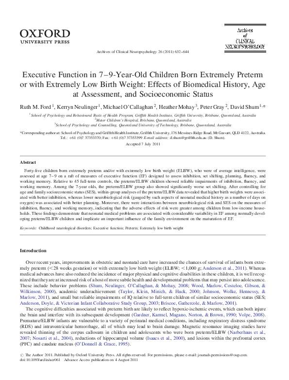 (PDF) Executive Function in 7-9-Year-Old Children Born Extremely ...