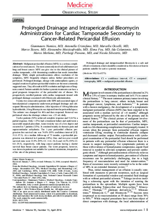 (PDF) Prolonged Drainage and Intrapericardial Bleomycin Administration for Cardiac Tamponade ...