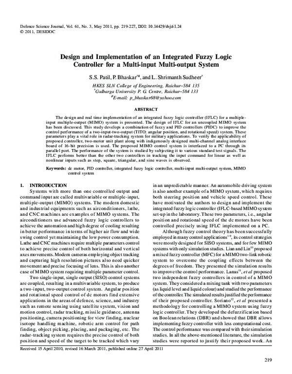 Pdf Design And Implementation Of An Integrated Fuzzy Logic Controller For A Multi Input Multi