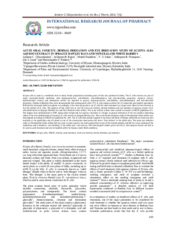 (PDF) Acute Oral Toxicity, Dermal Irritation and Eye Irritation Study of Eclipta Alba Aqueous ...